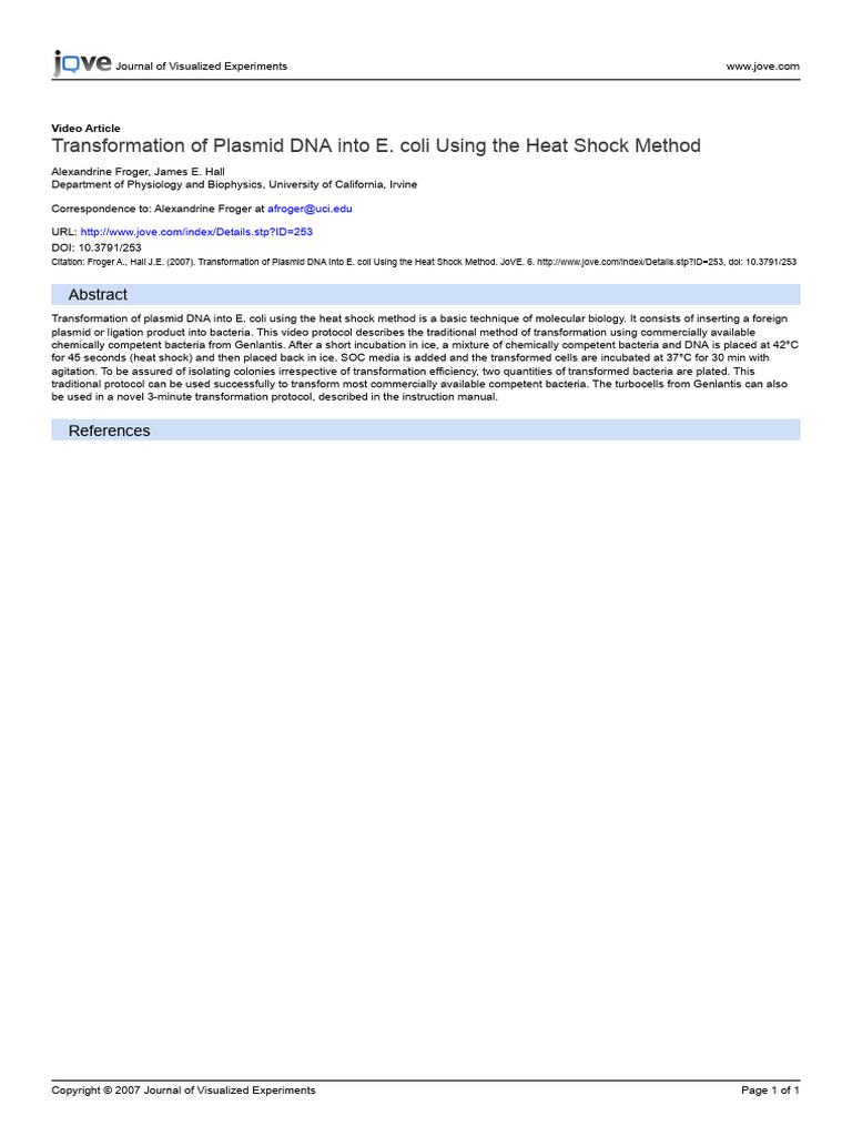 Transformation of Plasmid DNA Into E. Coli Using The Heat Shock Method ...