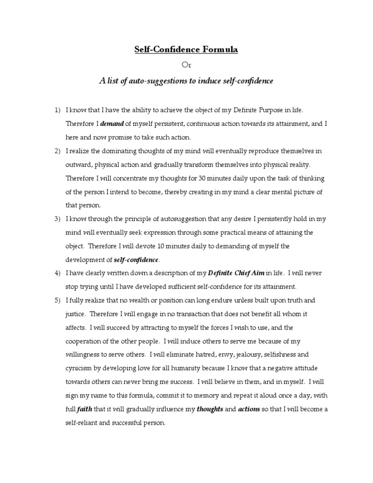 Self-Confidence Formula by Napoleon Hill | PDF