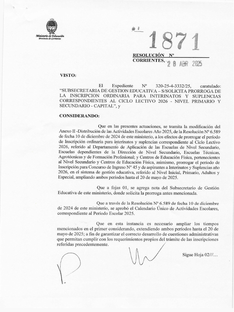 RM 1871-25 Prorroga Inscripcion | PDF