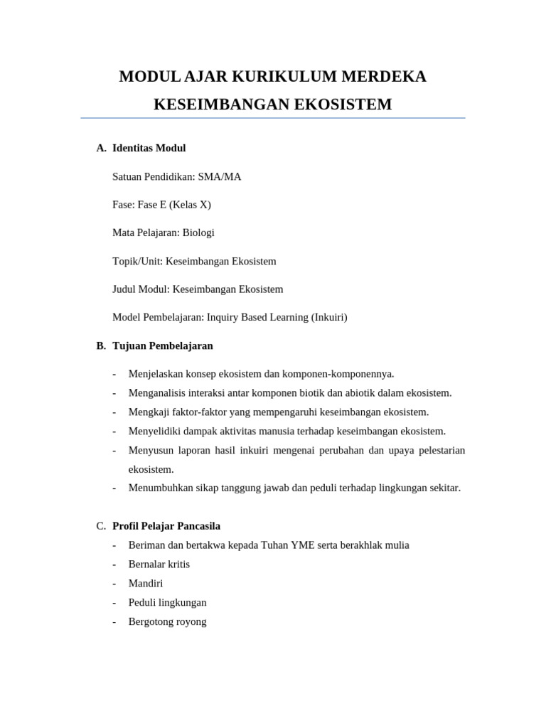 Modul Ajar Keseimbangan Ekosistem SMA | PDF