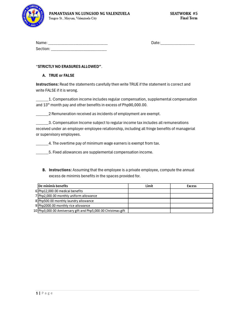 Seatwork 5 - Tax On Compensation | PDF | Employment | Taxes