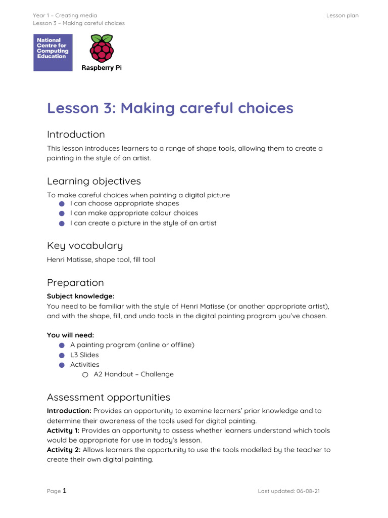 L3 Lesson plan - Digital painting - Y1 | PDF | Lesson Plan | Learning