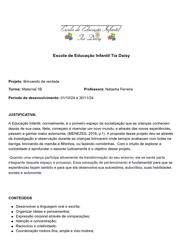 projeto brincando de verdade.doc_20241010_095651_0000 | PDF | Pré-escola | Aprendizado