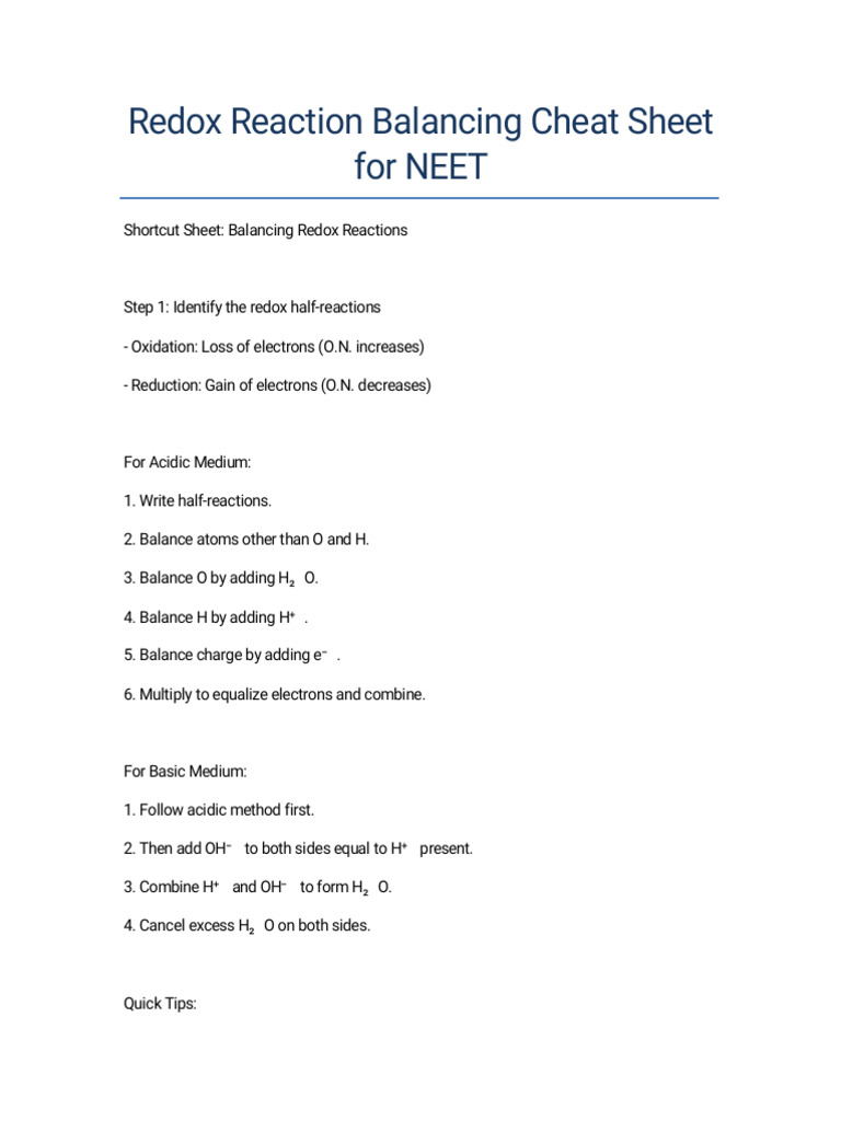 Redox Cheat Sheet NEET | PDF