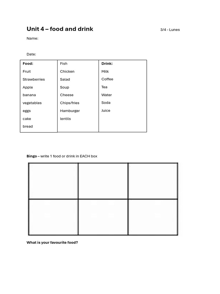 Food and Drink Bingo Activity | PDF