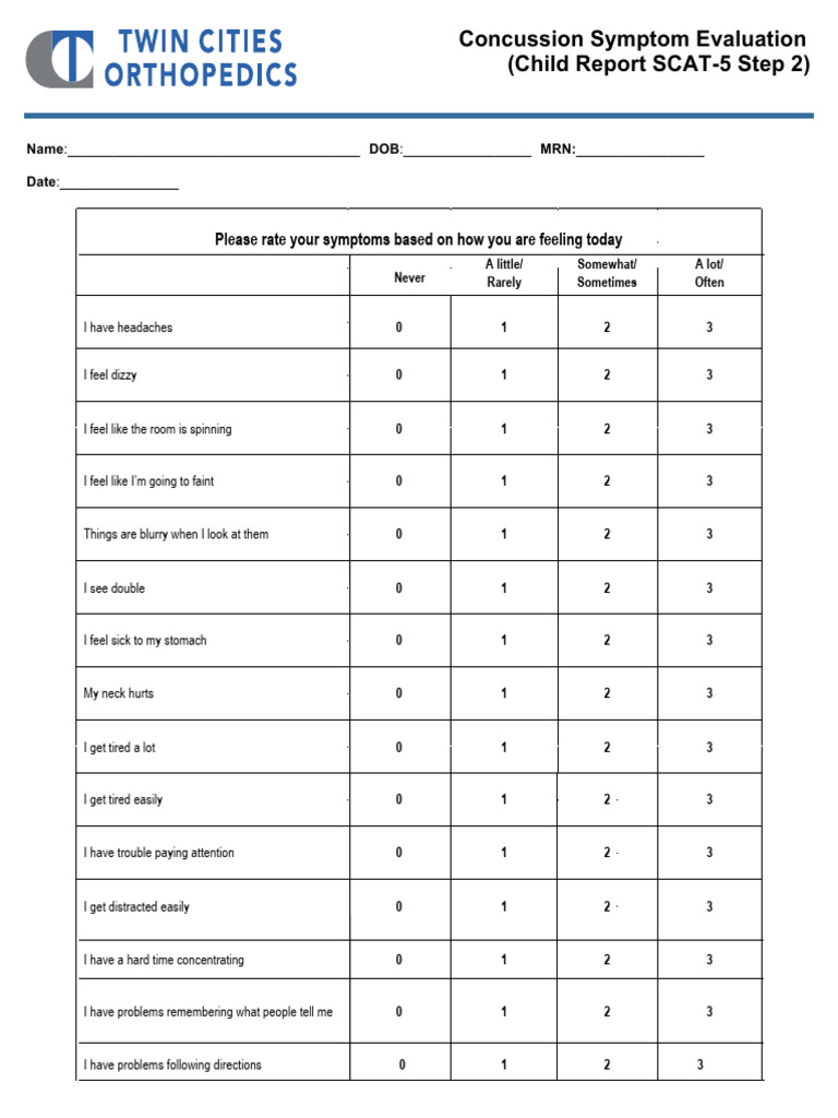 SCAT 5 Child Symptom Evaluation 1 | PDF | Diseases And Disorders ...