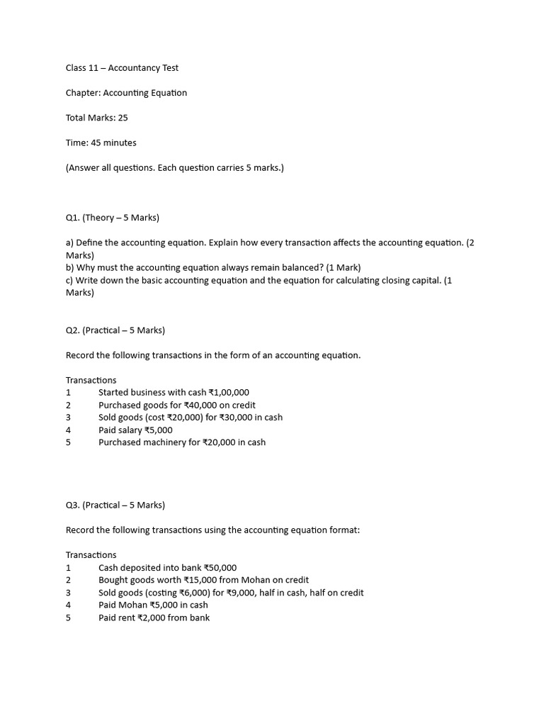 Class 11 Accountancy Test: Accounting Equation | PDF