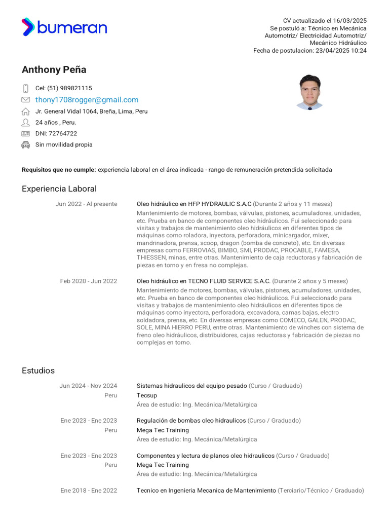 CV Anthony Peña | PDF | Ingeniería mecánica