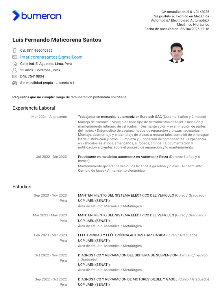 CV de Luis Maticorena: Mecánico Automotriz | PDF | Coche | Industria ...
