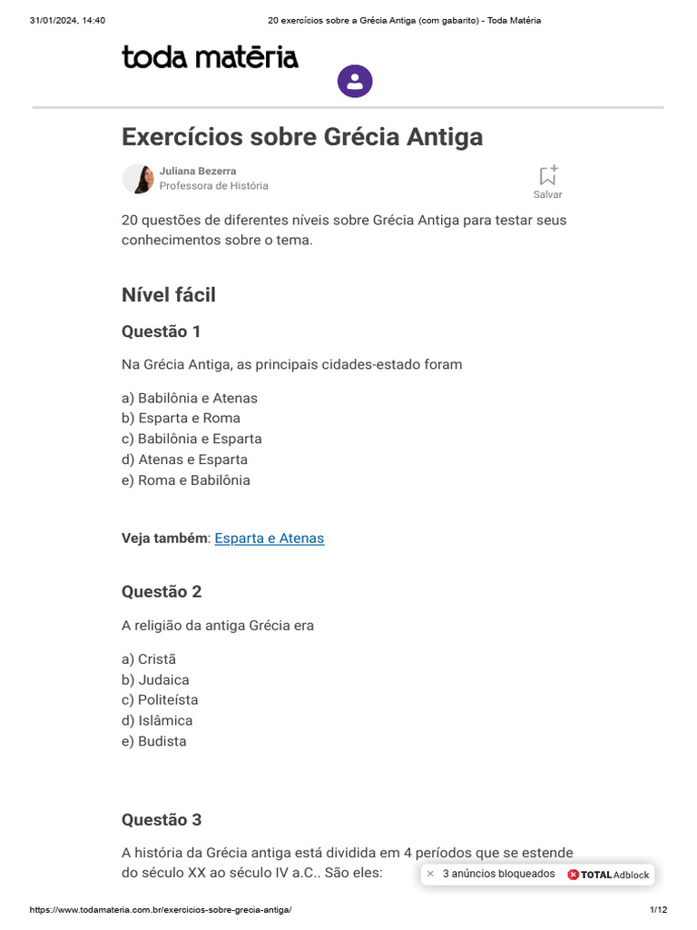 20 Exercícios Sobre A Grécia Antiga (Com Gabarito) - Toda Matéria | PDF | Grécia Antiga | Grécia