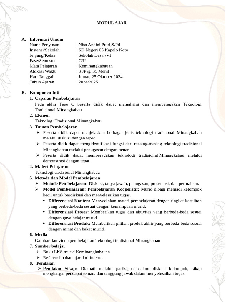 PMM 1-Modul Ajar Keminangkabauan Jumat 07 Februari 2025 - Nisa | PDF