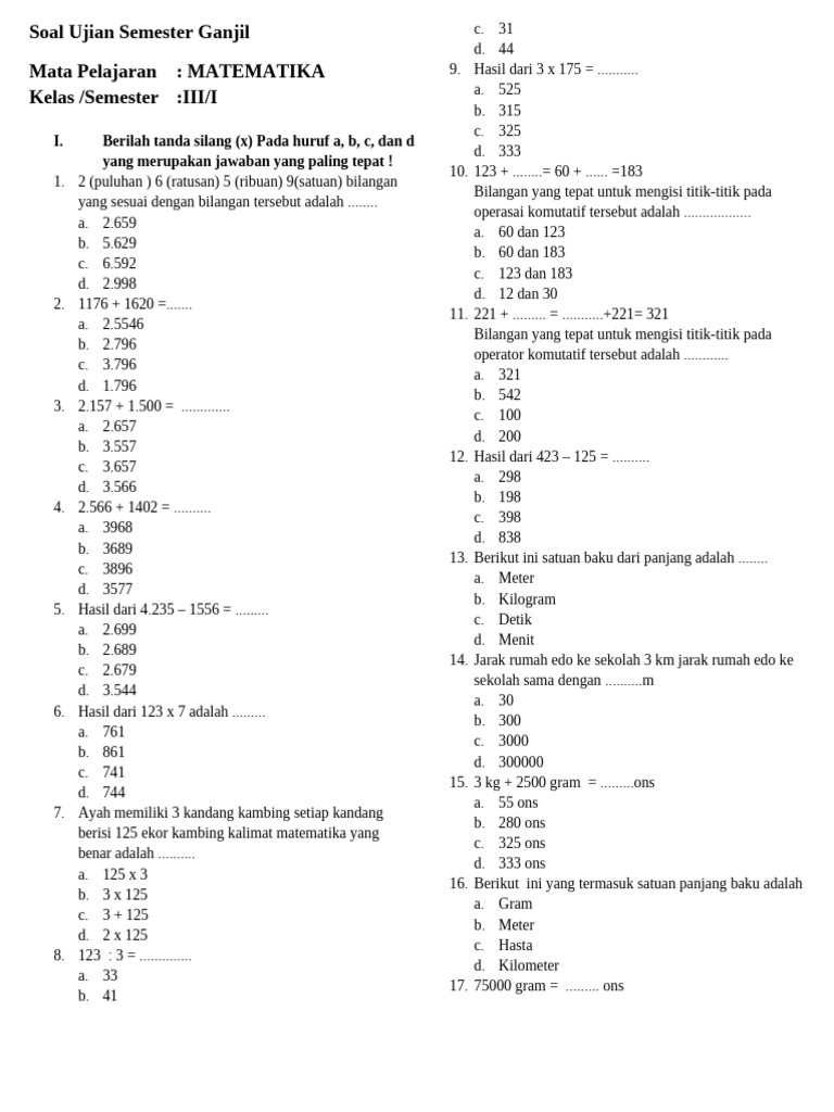 Soal Ujian Semester Ganjil Kelas 3 MATEMATIKA | PDF
