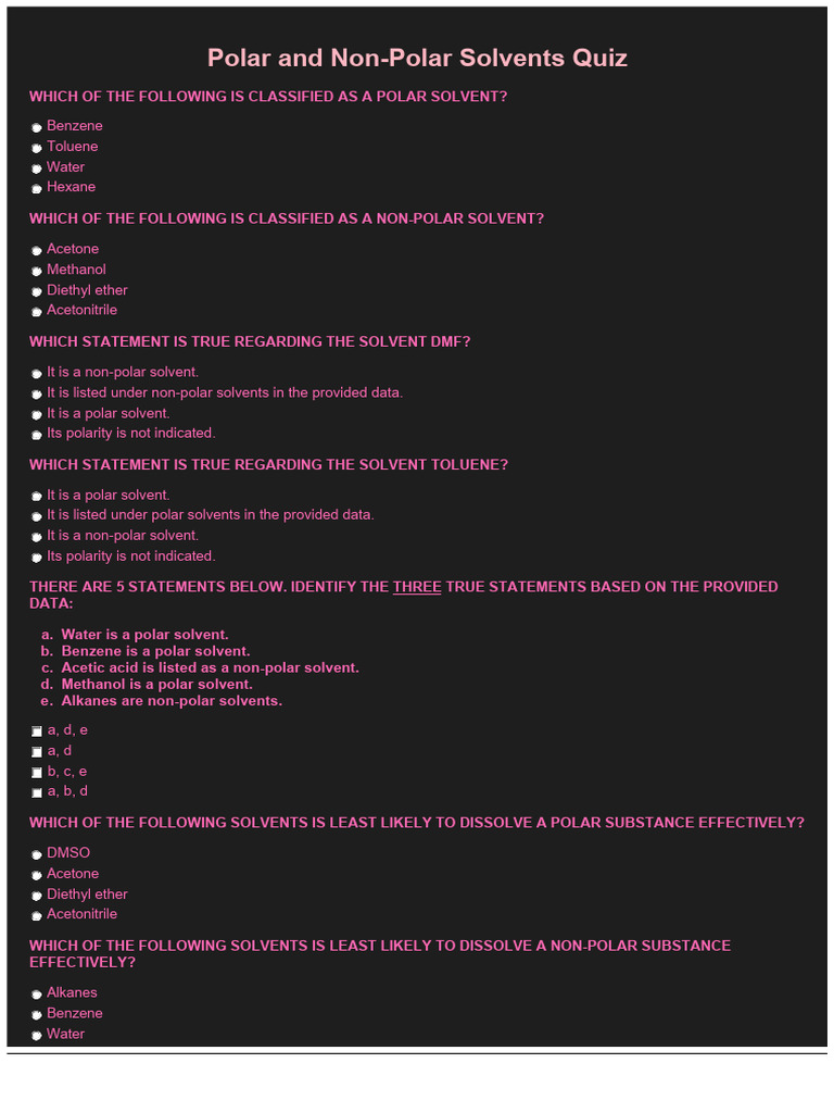 Polar and Non­Polar Solvents | PDF | Solvent | Toluene