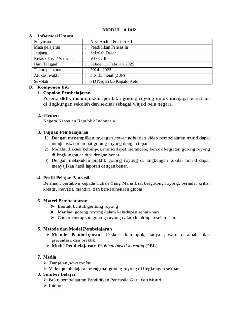PMM 2 - Modul Ajar Nisa Pancasila 11 Feb 2025 | PDF