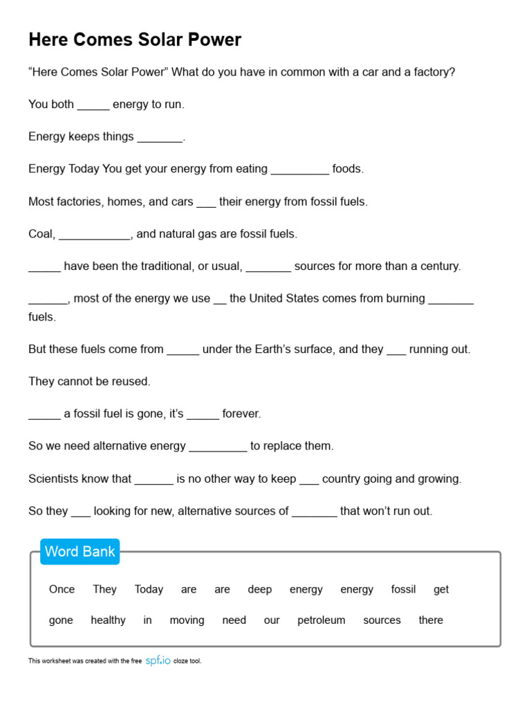 Here Comes Solar Power Cloze Passage W Word Bank | PDF