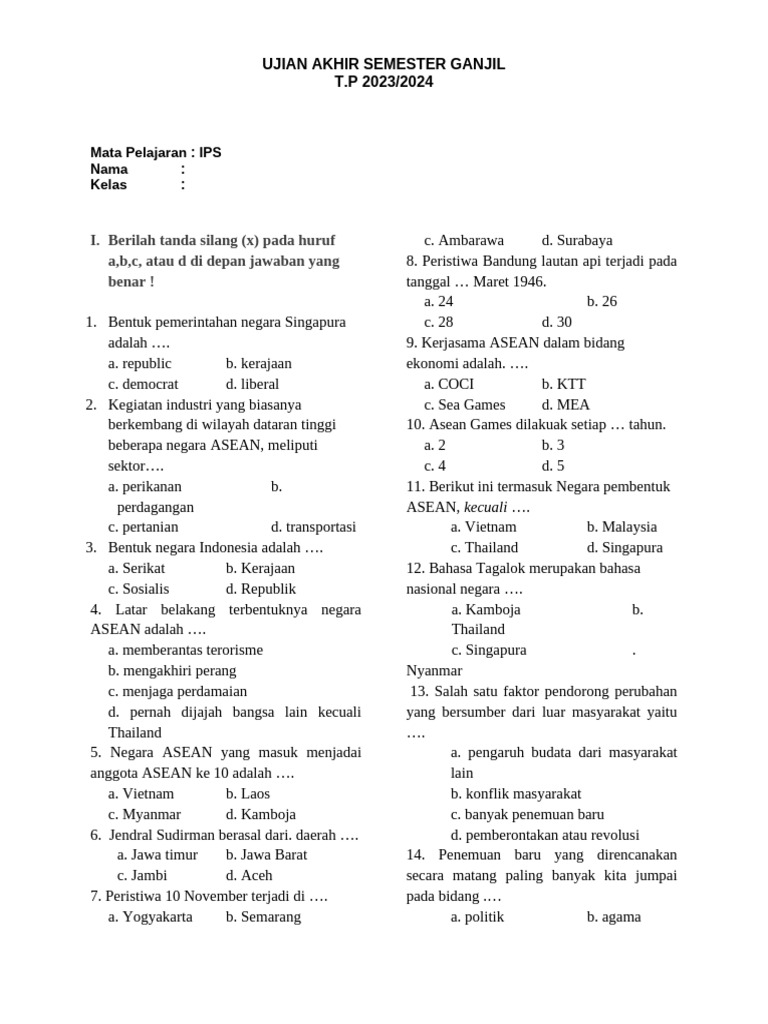 Ujian IPS Semester Ganjil 2023/2024 | PDF
