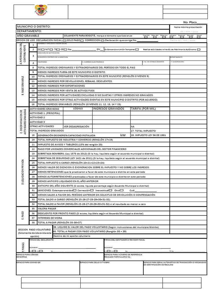 F-GFP-007 Formulario para La Declaración Anual Impuesto de Industria y ...