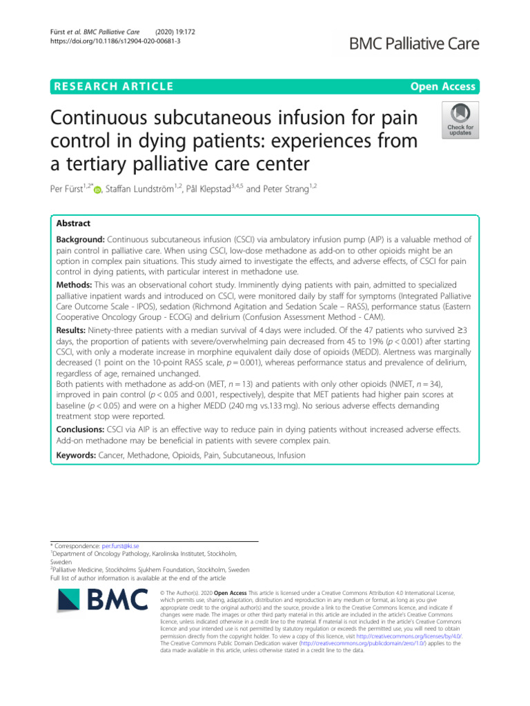 Continuous Subcutaneous Infusion For Pain Control in Dying Patients ...