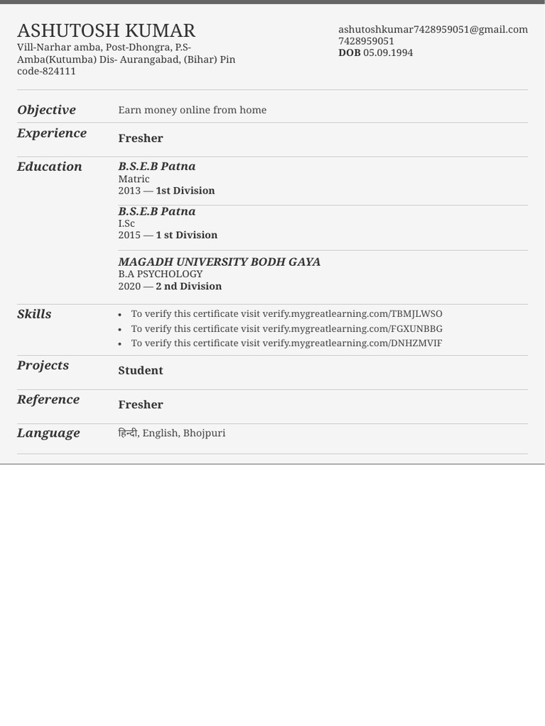 Ashutosh Kumar Rusume | PDF