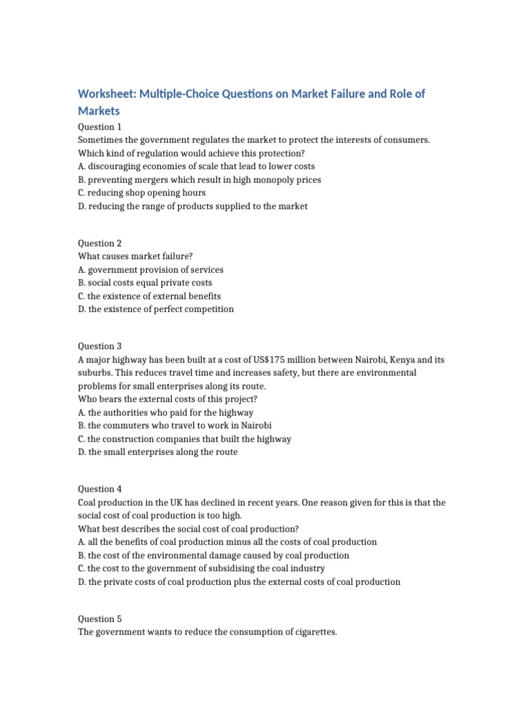 Market and Market Failure Worksheet | PDF | Market (Economics) | Market Economy