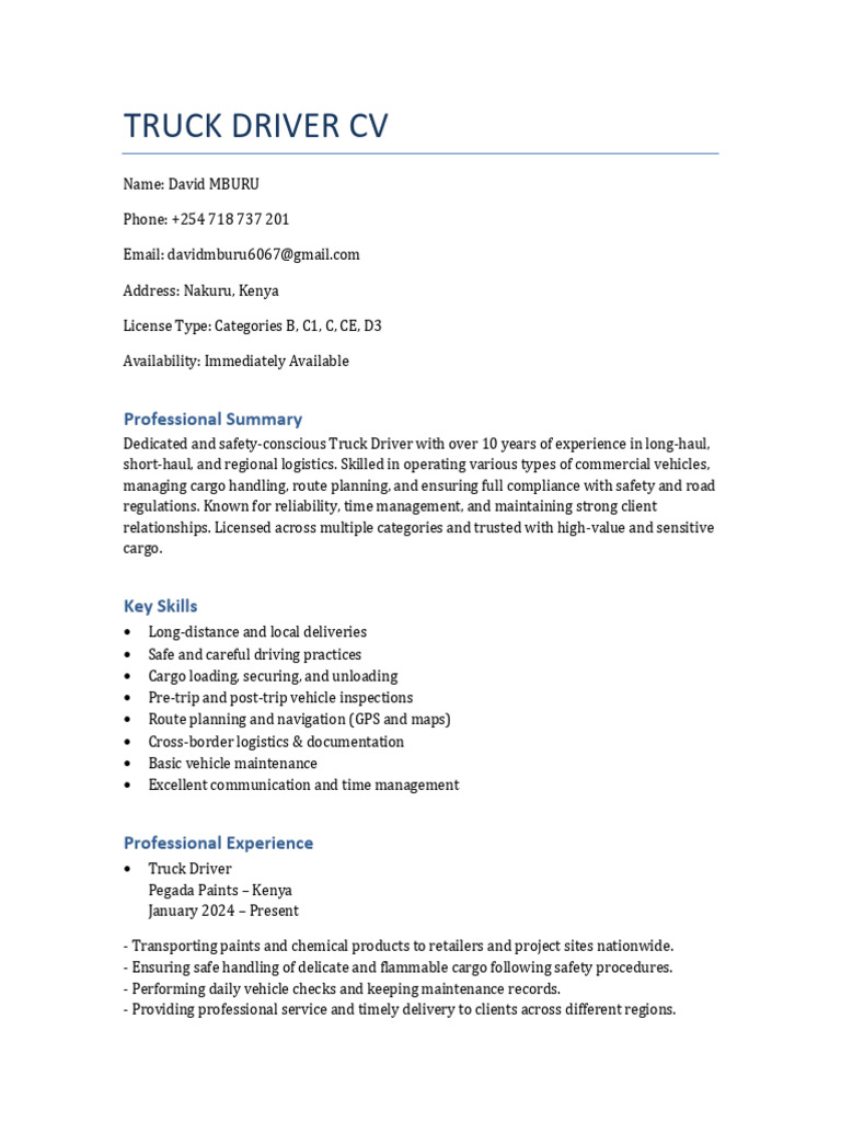 David MBURU Truck Driver CV | PDF