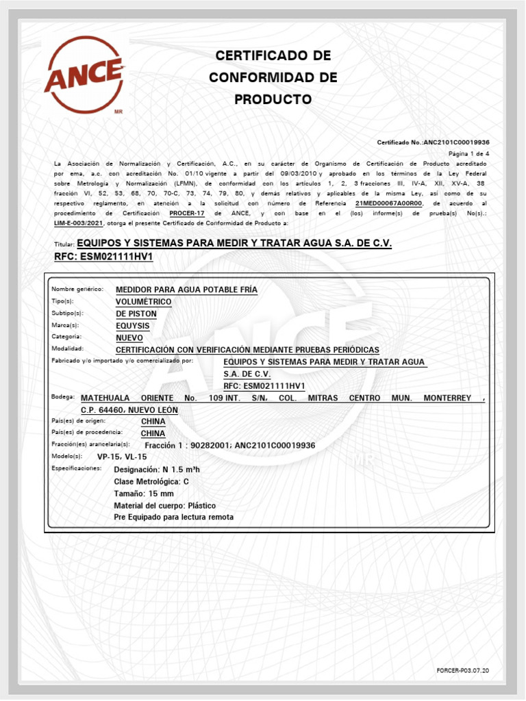 Certificado de Conformidad de Producto ANCE VP-15 y VL-15 | PDF