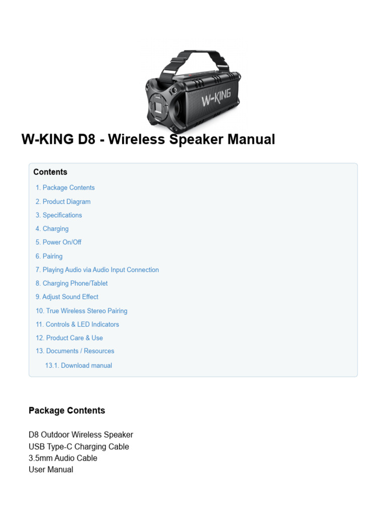 W-KING D8 - Wireless Speaker Manual _ ManualsLib | PDF | Loudspeaker | Headphones