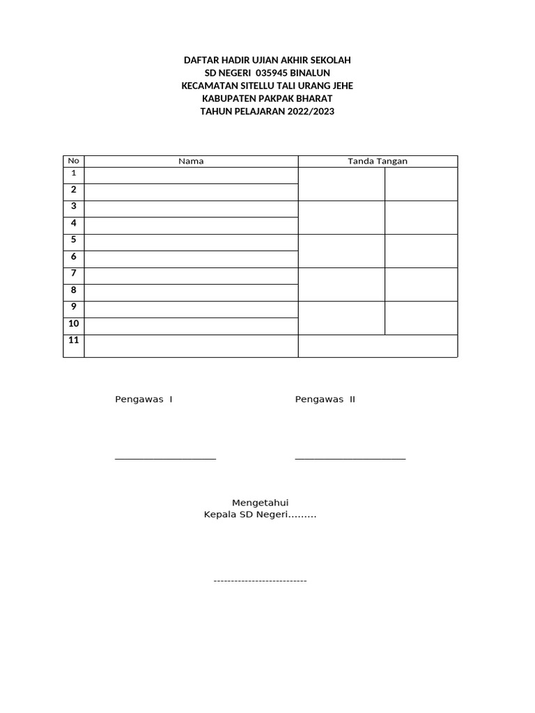 Daftar Hadir Ujian Sekolah | PDF