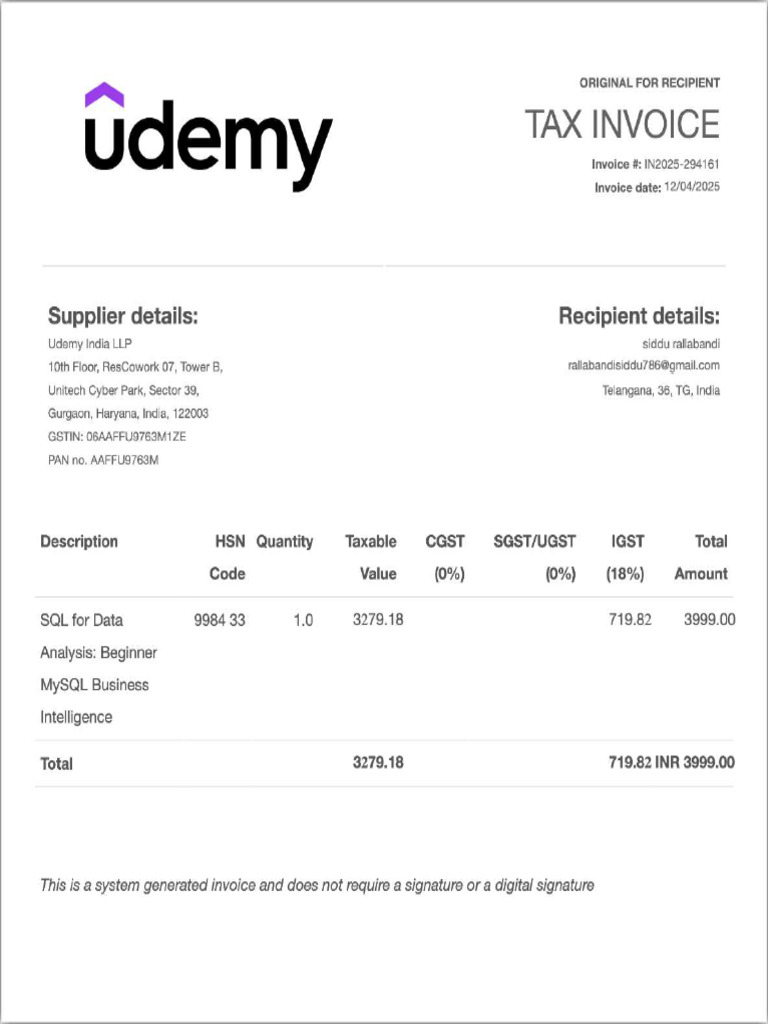 Udamy SQL Course Invoice - Siddu | PDF