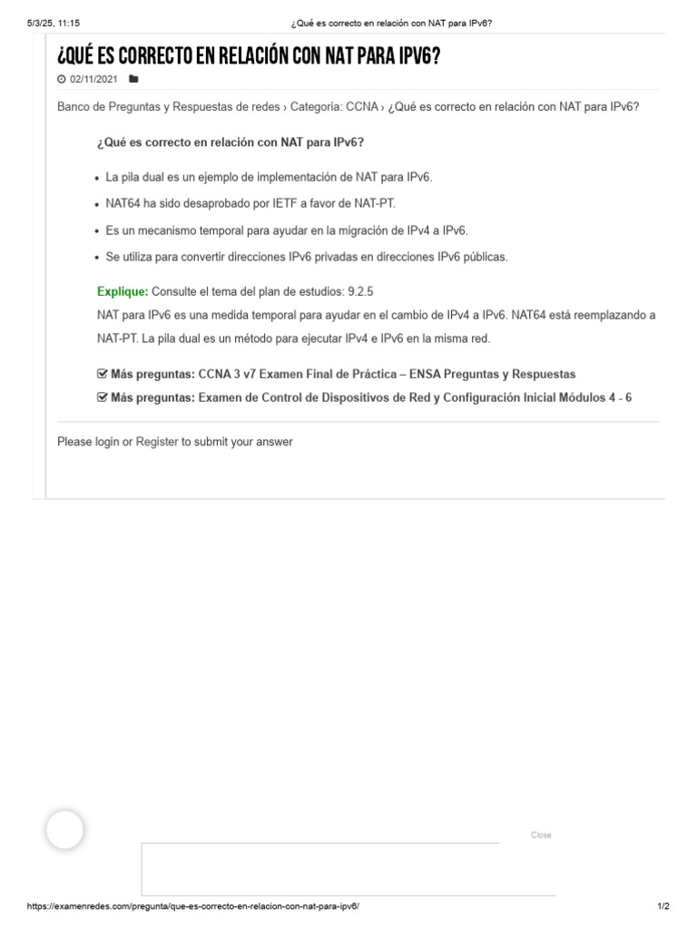 ¿Qué Es Correcto en Relación Con NAT para IPv6 | PDF