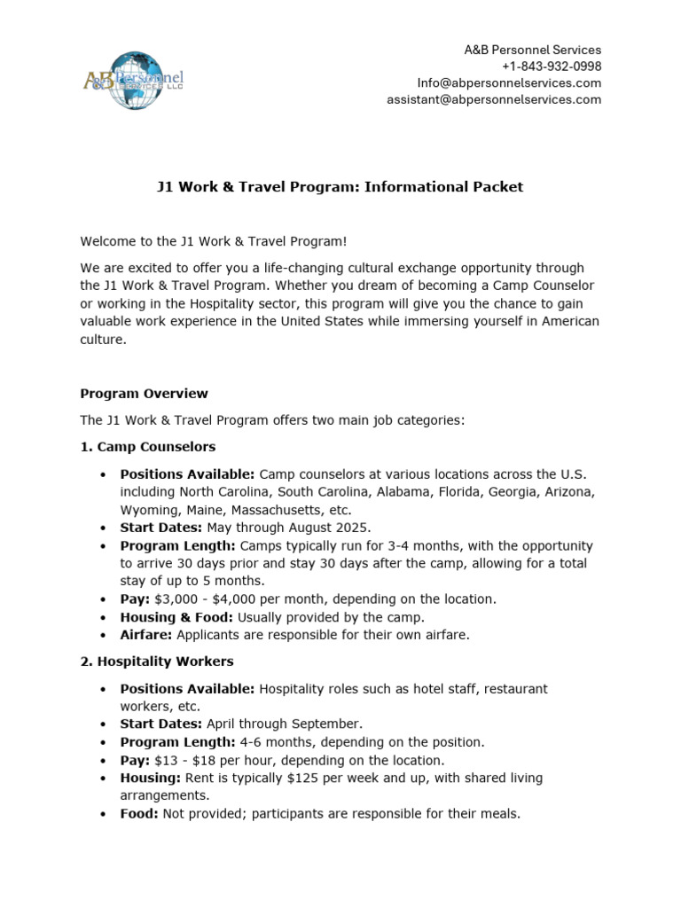 J1 Work & Travel Program Informational Packet | PDF | Travel Visa