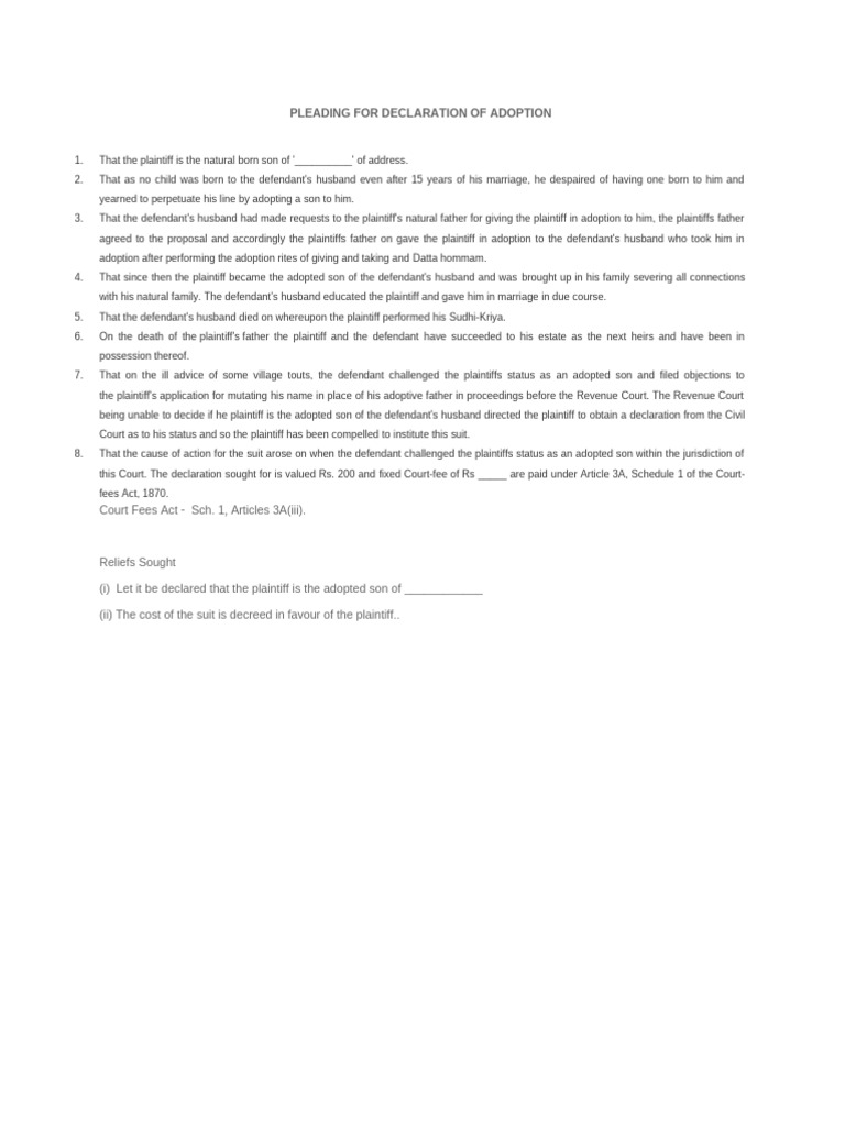Adoption Declaration Pleading Format | PDF