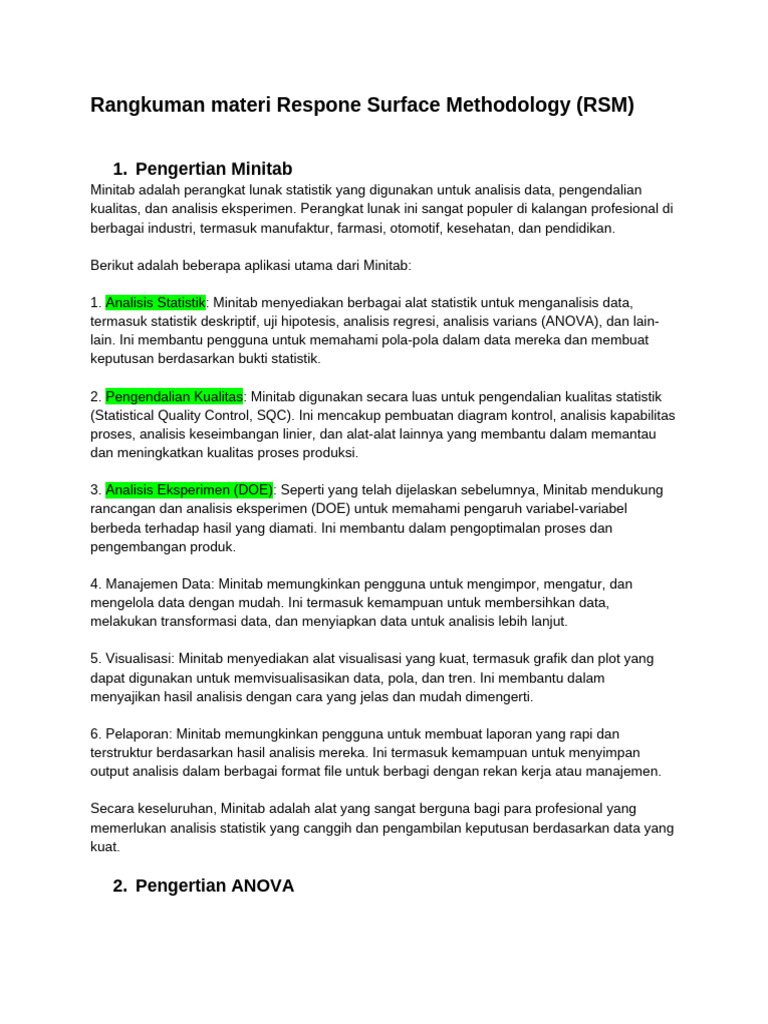 Rangkuman Materi Respone Surface Methodology (RSM) | PDF