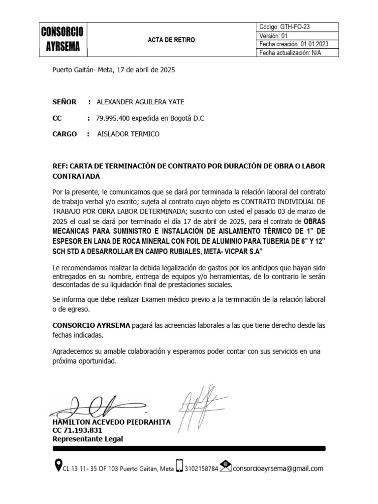 Acta de Retiro Alexander Aguilera | PDF