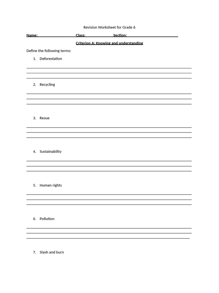 Revision Worksheet For Grade 6 | PDF | Recycling | Plastic