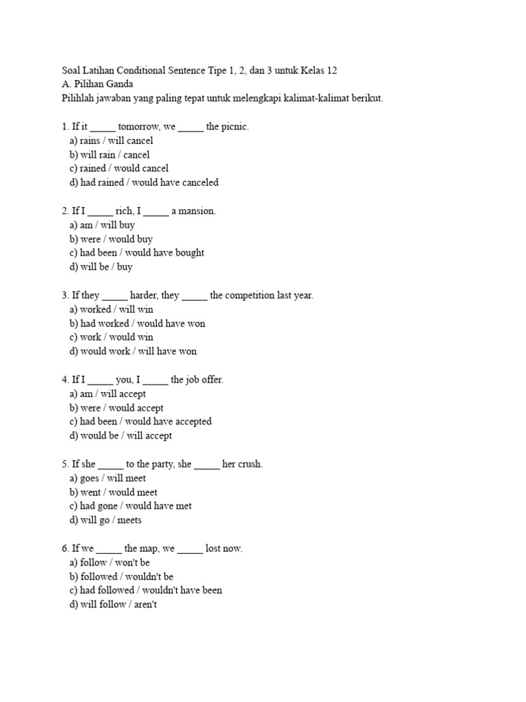 Soal Latihan Conditional Sentence Tipe 1, 2, Dan 3 Untuk Kelas 12 | PDF