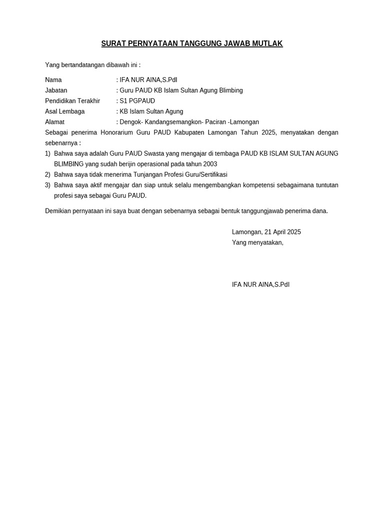 CONTOH SPTJM HONORARIUM APBD II 2025 | PDF