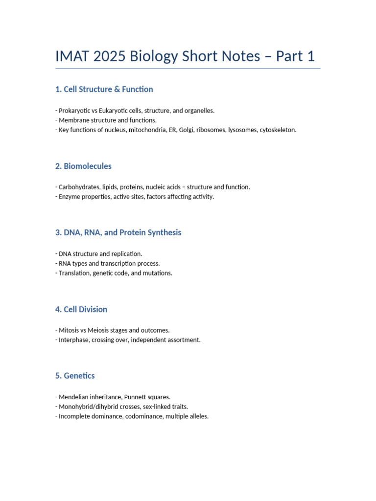 IMAT 2025 Biology Notes Overview | PDF