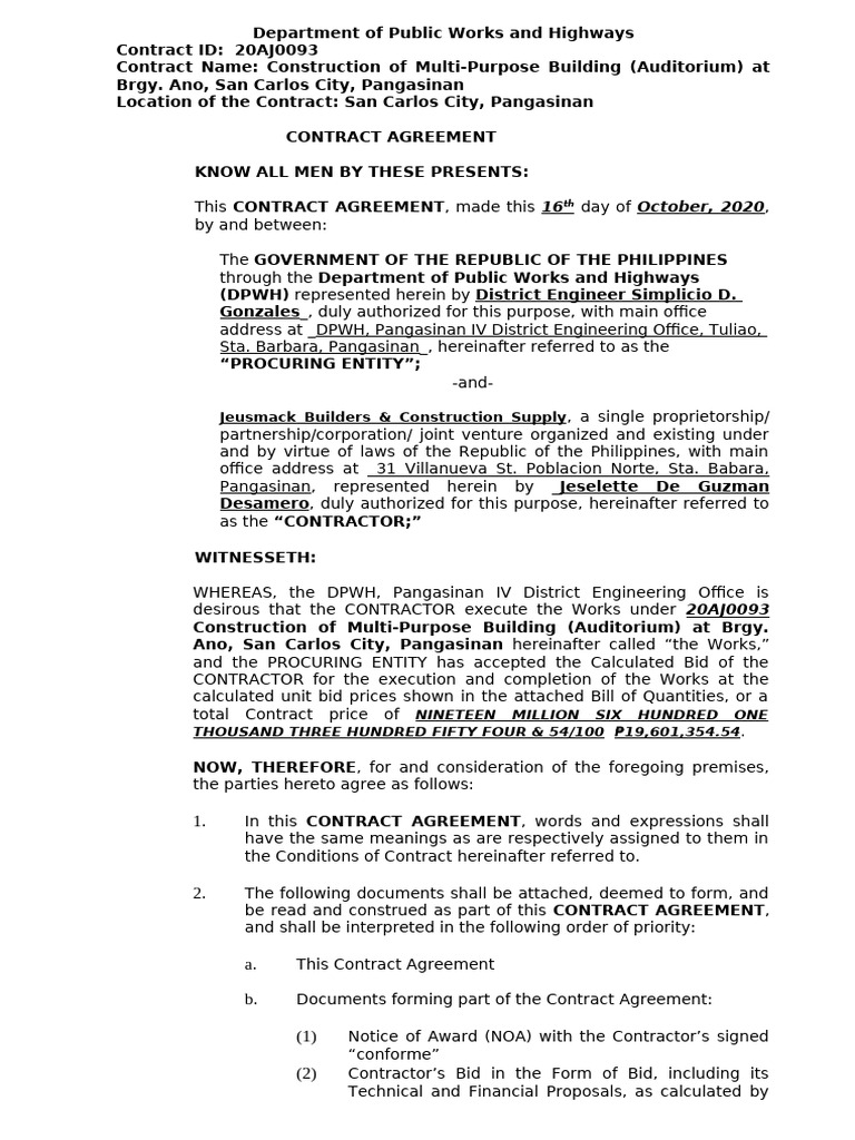 Form of Contract Agreement | PDF | Private Law