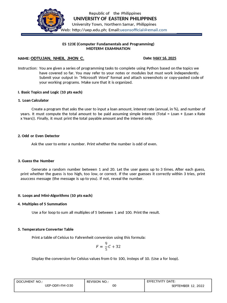 Odtujan, Nheil Jhon C (Comprog Final Examination) | PDF | Computing | Computer Programming