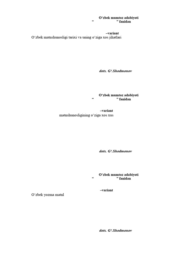 Yakuniy Nazorat 2024 Matnshunoslik | PDF