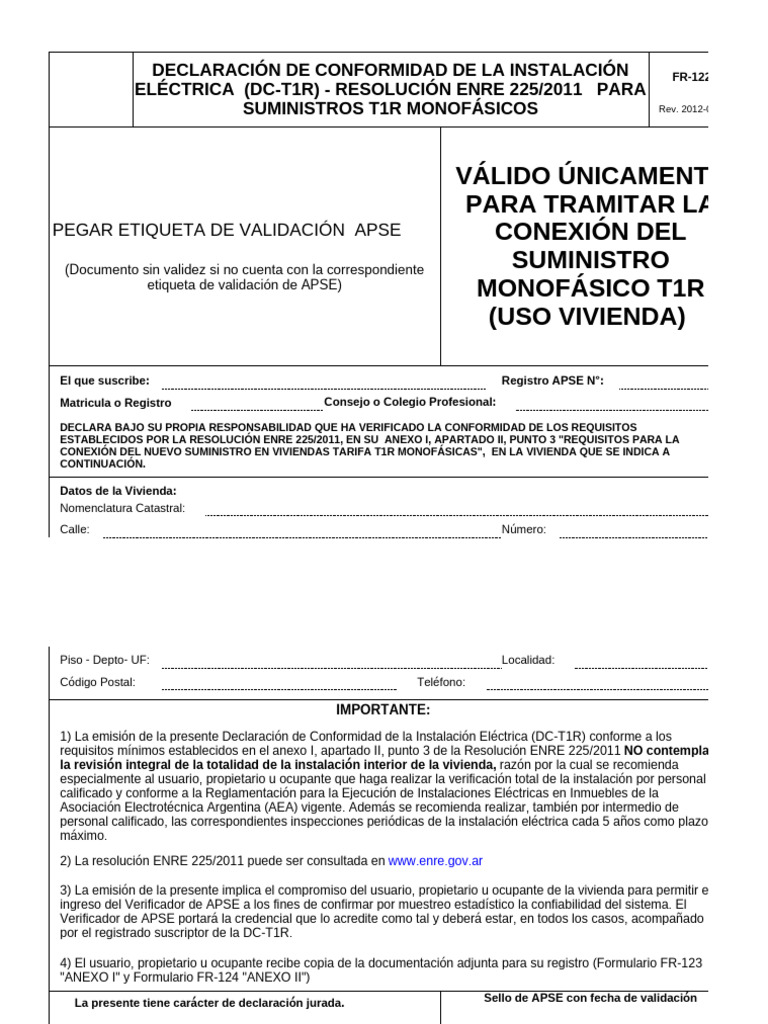 FR-122 123 y 124 Formularios DC-T1R y Anexos 20120116 | PDF | Cableado ...