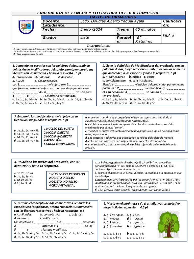 Evaluac 3er Trimest Leng y Liter 7mo B Douglas Yagual | PDF | Asunto (gramática) | Objeto ...