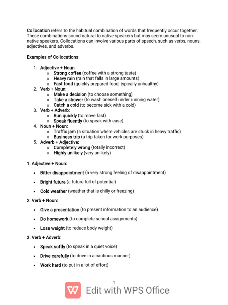 Work Sheet For Collocations | PDF | Adverb | Adjective