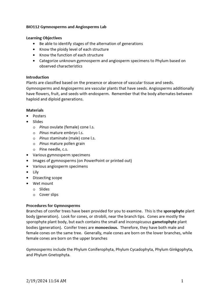 BIO112 Gymnosperms and Angiosperms Lab Sp24 | PDF | Flowers | Branches ...