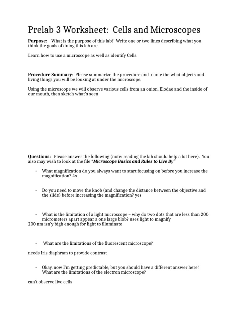 Prelab 3 Worksheet Microscopes 2024 | PDF