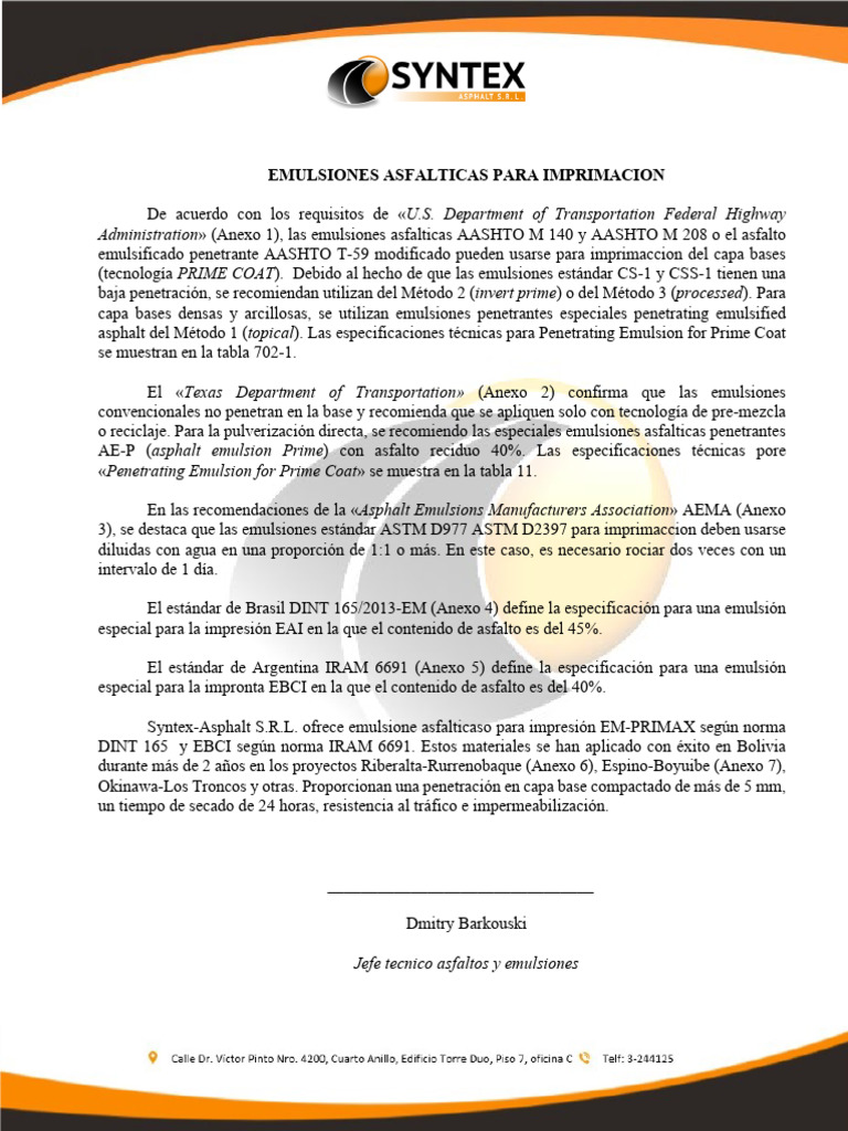 Emulsiones Para Imprimaccion SYNTEX | PDF | Emulsion | Road Surface