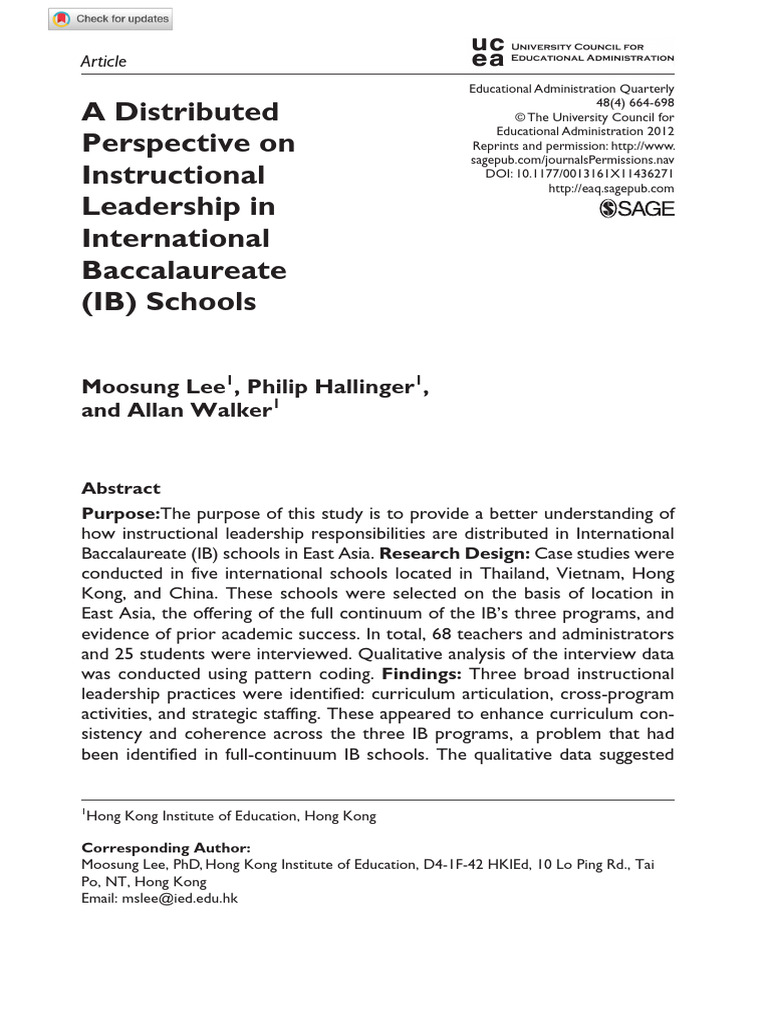 Lee Et Al 2012 A Distributed Perspective On Instructional Leadership in ...