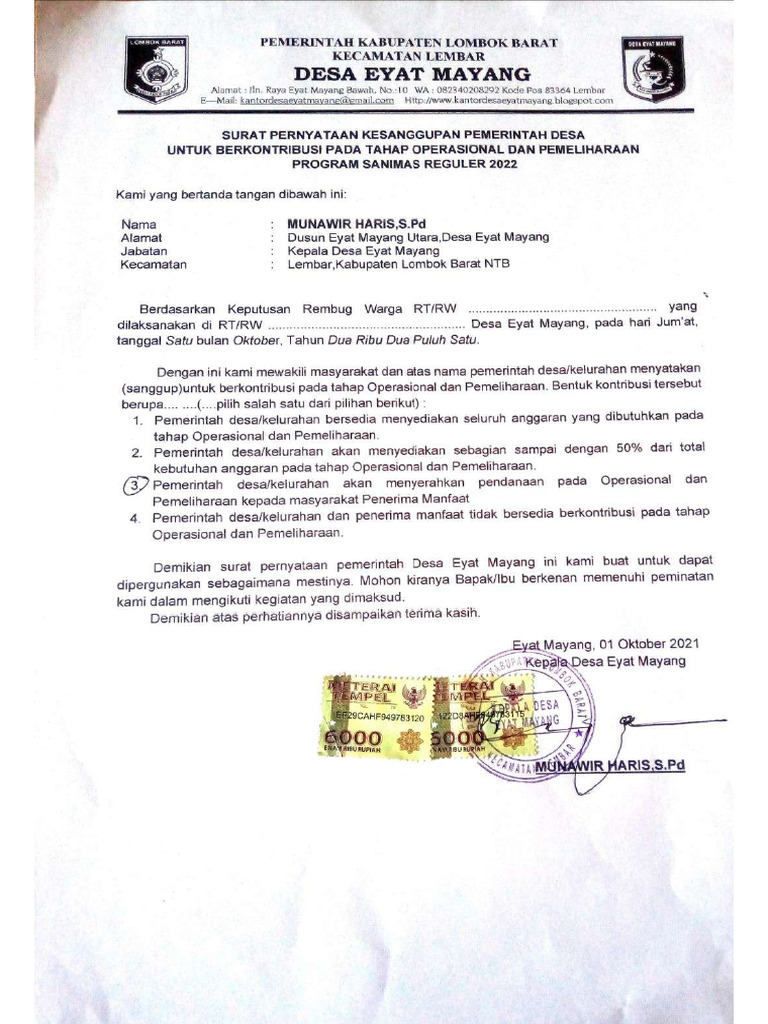 Readiness Criteria Sanimas 2022 Desa Eyat Mayang Kecamatan Lembar Ok | PDF