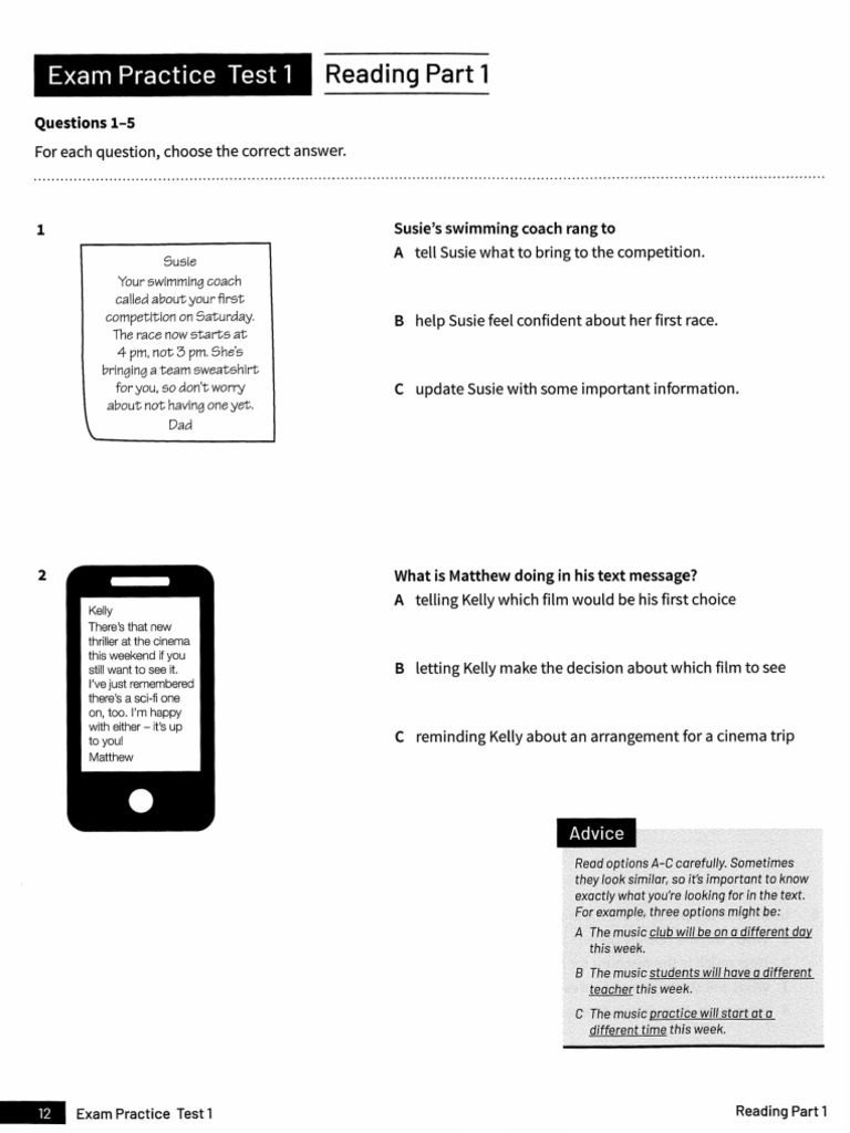 PET Reading Part 1 Practice Test 1 | PDF